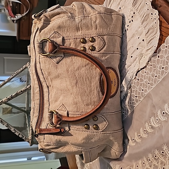 Fossil | Bags | Fossil Grayson Beige Canvas Fabric Satchel Crossbody ...